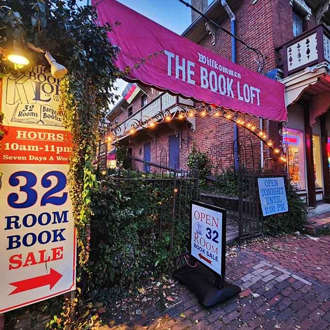 Evening lights transform The Book Loft into something magical, like stepping into a storybook itself.