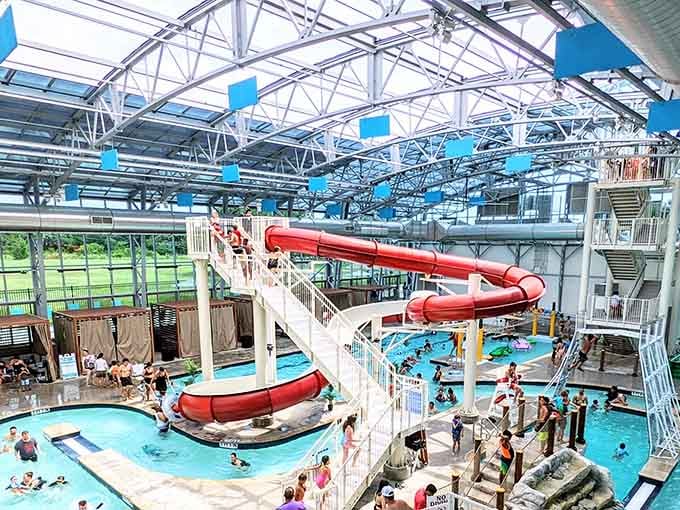 That soaring ceiling and those colorful slides prove that indoor doesn't mean boring, just smarter.