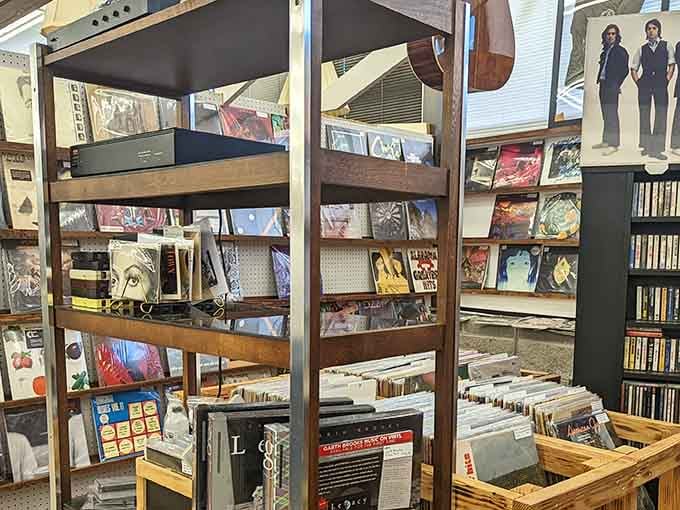 Vinyl records and vintage treasures stacked high, because streaming services will never smell this good.