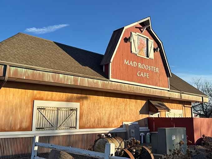 Golden hour at Mad Rooster Cafe, where the exterior promises country comfort and delivers beyond expectations.