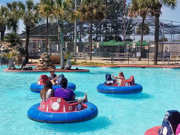 The bumper boat arena becomes a watery battlefield where siblings settle scores and parents pretend they're not competitive.