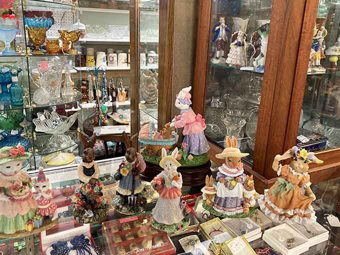 Delicate porcelain figurines and sparkling glassware create a collector's dream display that'll transport you straight to grandmother's china cabinet.