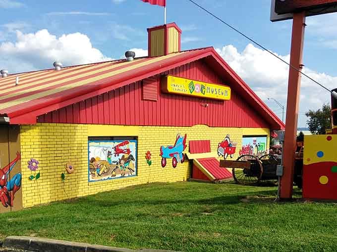 Bright murals of classic toys cover the walls, proving that subtlety was never part of the plan here.