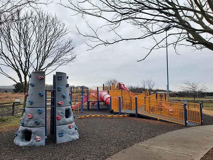 Even on a gray day, this climbing wall stands ready to turn kids into tiny mountaineers.