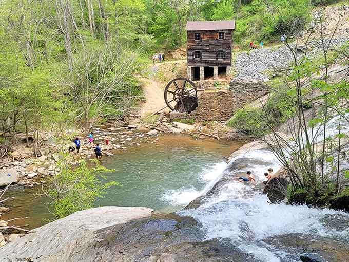 The historic mill stands guard over cascading waters, proving some partnerships between humans and nature actually work beautifully.