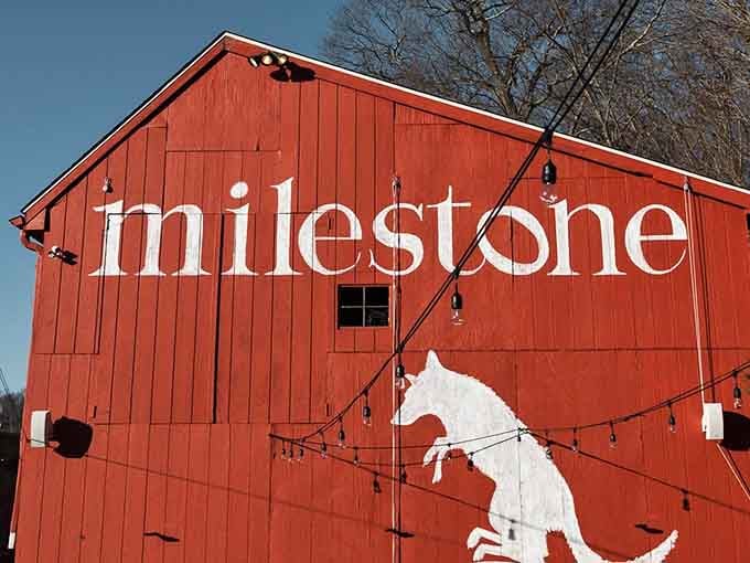 The giant dog mural adds whimsy to this barn-turned-restaurant, proving good food and fun go hand in hand.