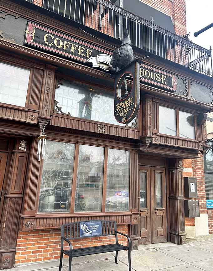 That historic storefront with the raven perched above isn't just for show—it's architectural poetry in wood and brick.