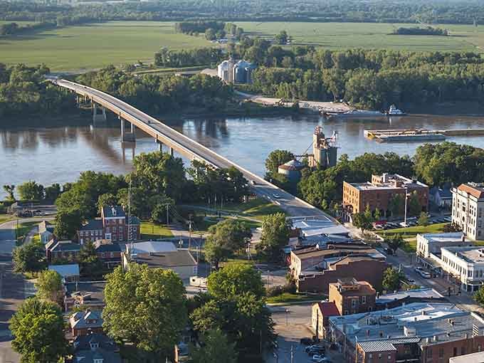 This aerial view reveals why the Missouri River made Boonville a destination long before highways existed.