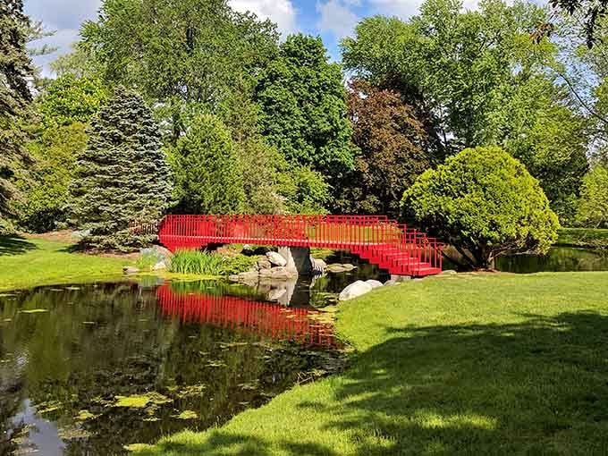 This crimson bridge practically glows against the fall foliage, proving that sometimes the best views require absolutely zero hiking boots.