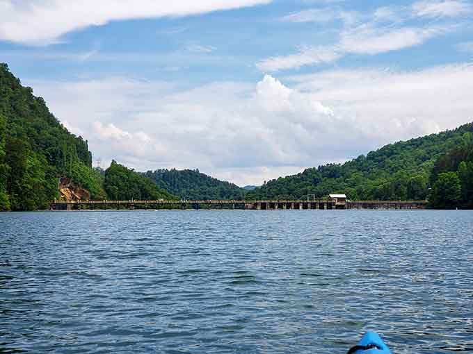 Your kayak's-eye view of mountain-rimmed tranquility, where the only traffic jam involves ducks and maybe a heron.