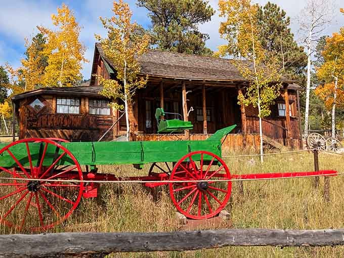 That green wagon against golden aspens creates the kind of scene that makes your camera roll suddenly very full.