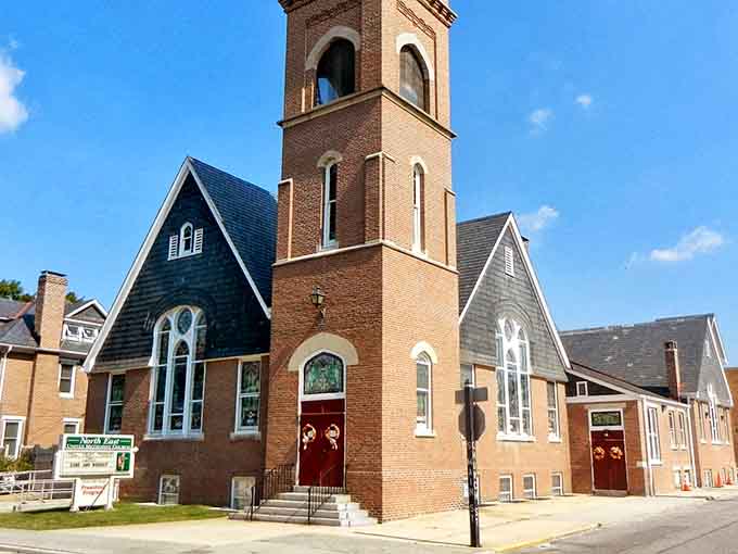 That brick bell tower reaching for the sky is pure small-town America at its finest.