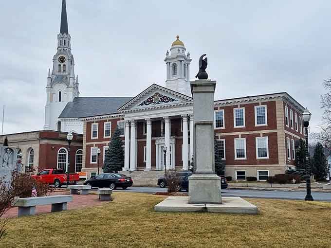 The historic buildings surrounding Woburn Common create a picture-perfect scene that looks straight out of a classic New England movie set.