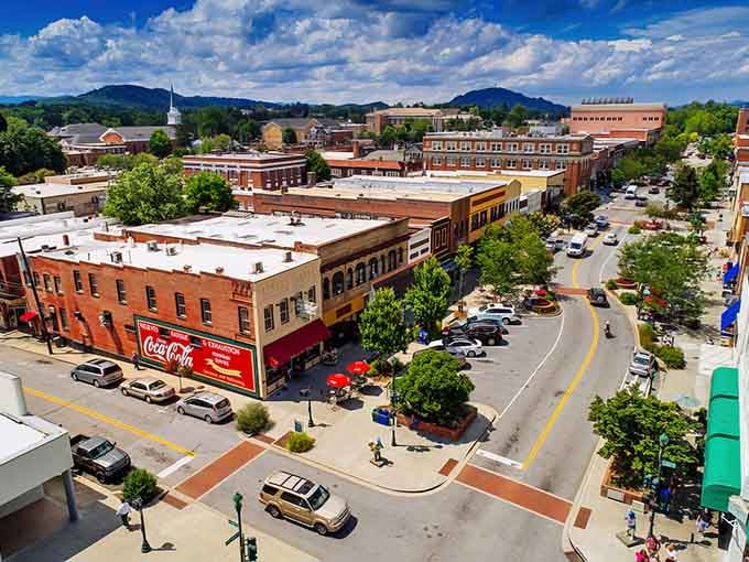 Downtown Hendersonville spreads out like a perfectly composed postcard, complete with mountains that actually showed up for work today.