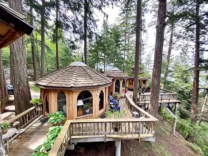 Those arched windows and curved wooden walls aren't just architecture, they're an invitation to step into another world entirely.