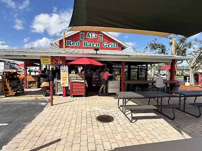 That red barn isn't just catching your eye, it's practically waving you down for lunch like an old friend with great news.