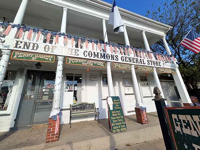 Patriotic decorations and welcoming porches invite travelers to slow down and experience authentic small-town hospitality.