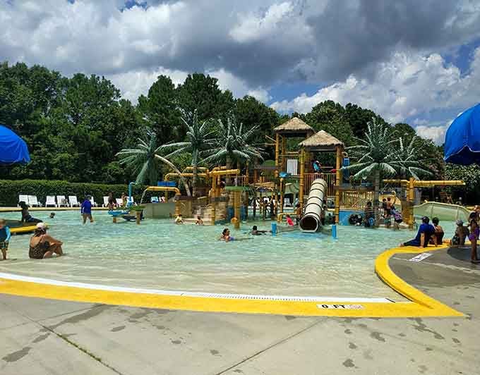 The tiki-themed play area transforms a regular pool day into a tropical getaway minus the airport security lines.