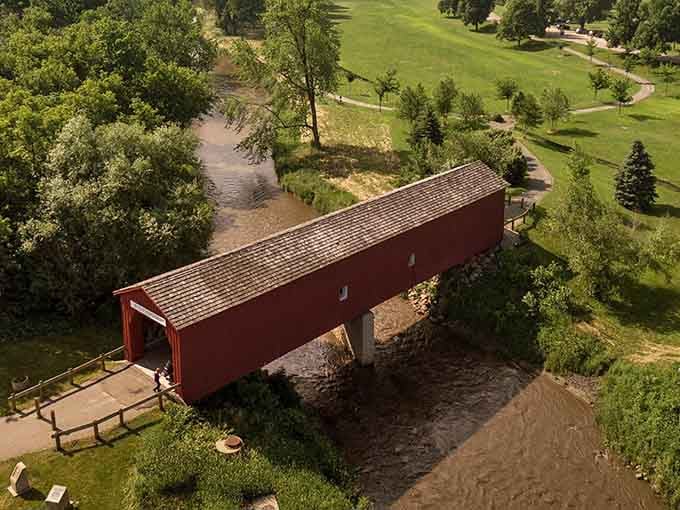 Aerial views reveal what ground level can't: this bridge is basically a time capsule floating over water.