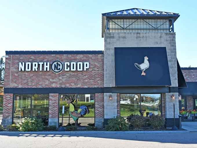 The rooster logo isn't just decoration, it's a promise that serious fried chicken lives inside these walls.