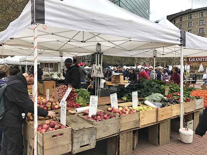 White tents bloom across Copley Square like a produce-filled garden that actually requires zero weeding from you.