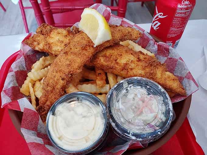 Fish and chips done right, with crispy batter that actually stays crispy and tartar sauce that knows its supporting role.