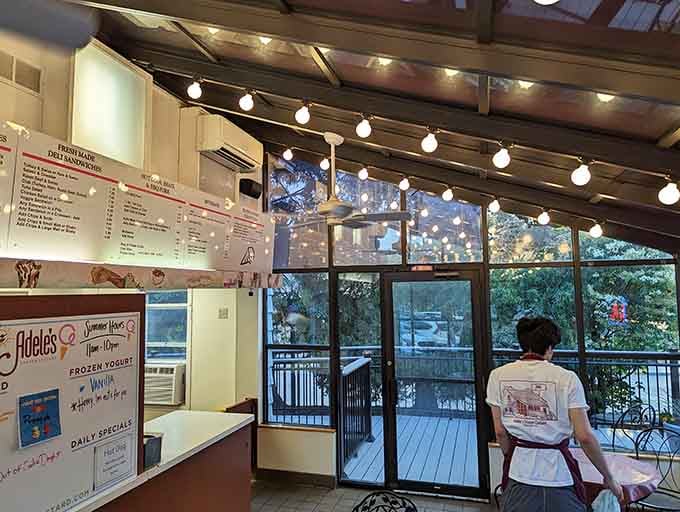 String lights overhead and windows looking out at summer evenings, this cozy spot understands that ambiance matters almost as much as custard.