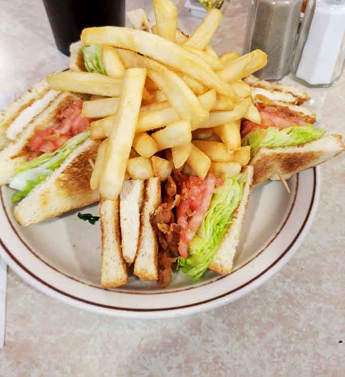 That chicken club sandwich towers with turkey, bacon, and fries like edible architecture at its finest.