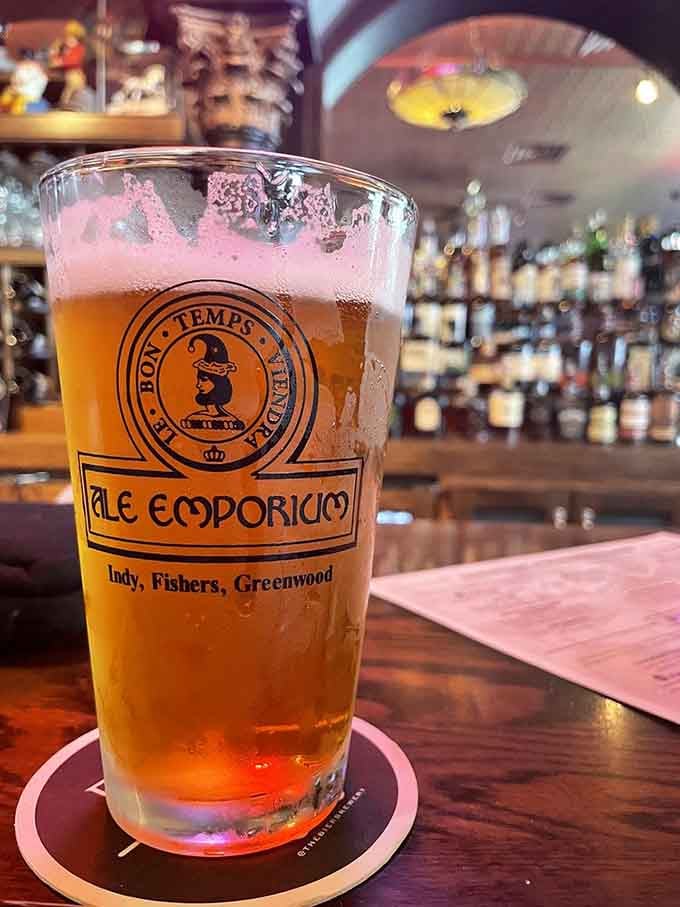 Local craft beer in a proper pint glass, the ideal companion for your deep dish adventure.