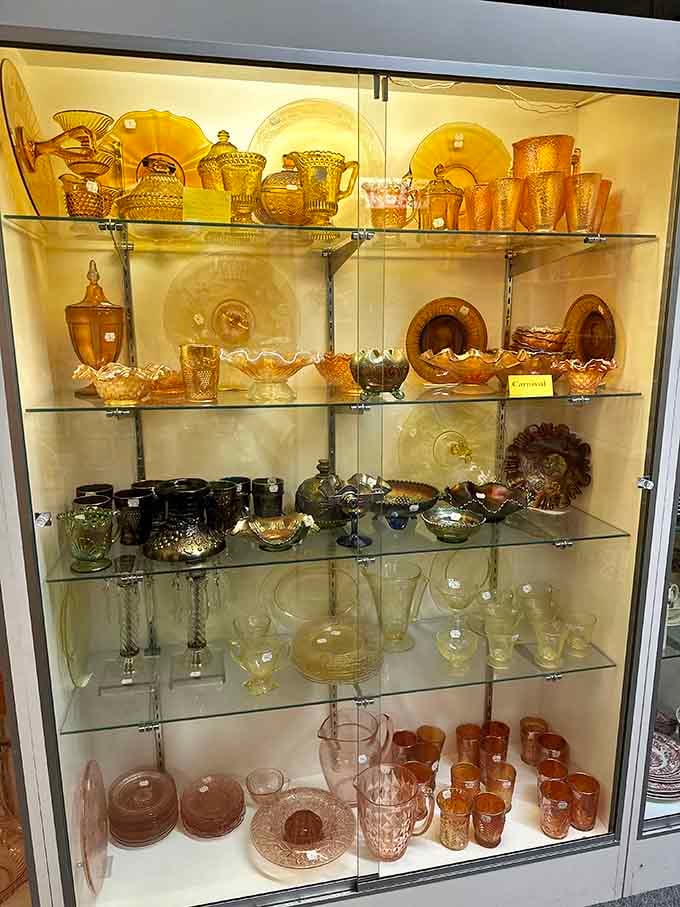 Carnival glass glows like liquid sunshine, proving our grandparents knew a thing or two about beautiful tableware aesthetics.