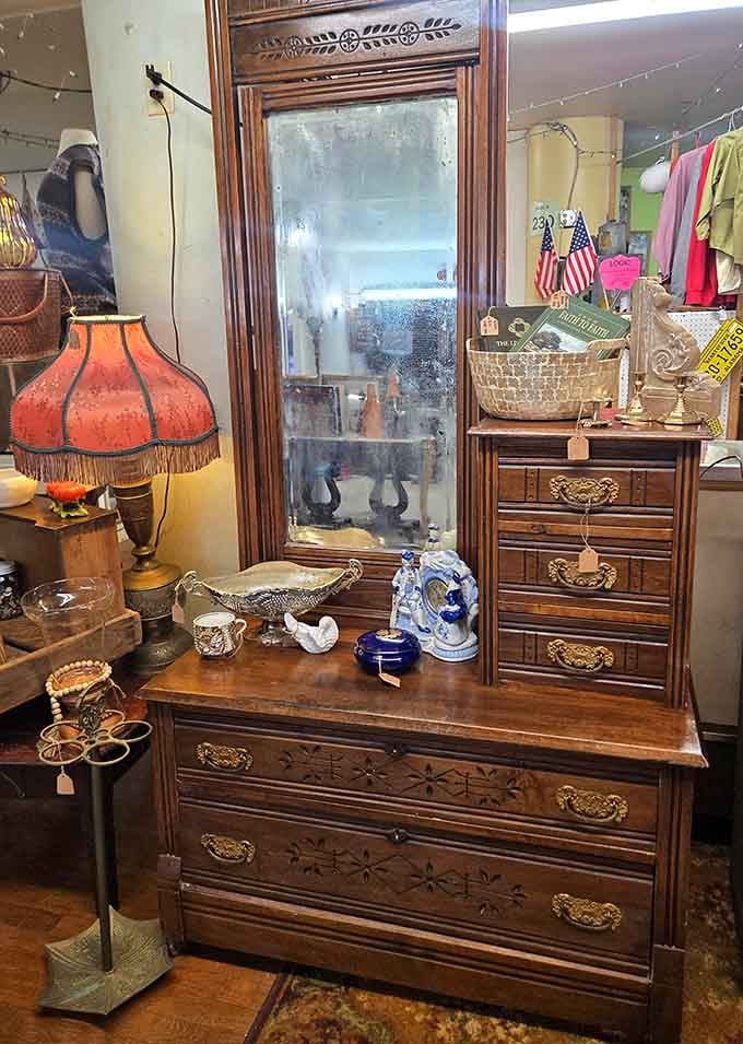 Solid oak craftsmanship with ornate details they simply don't make anymore, paired with vintage charm.