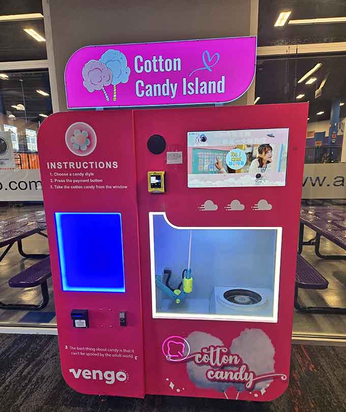 A cotton candy vending machine is either pure genius or someone's diabolical plan to sugar-fuel an entire generation.