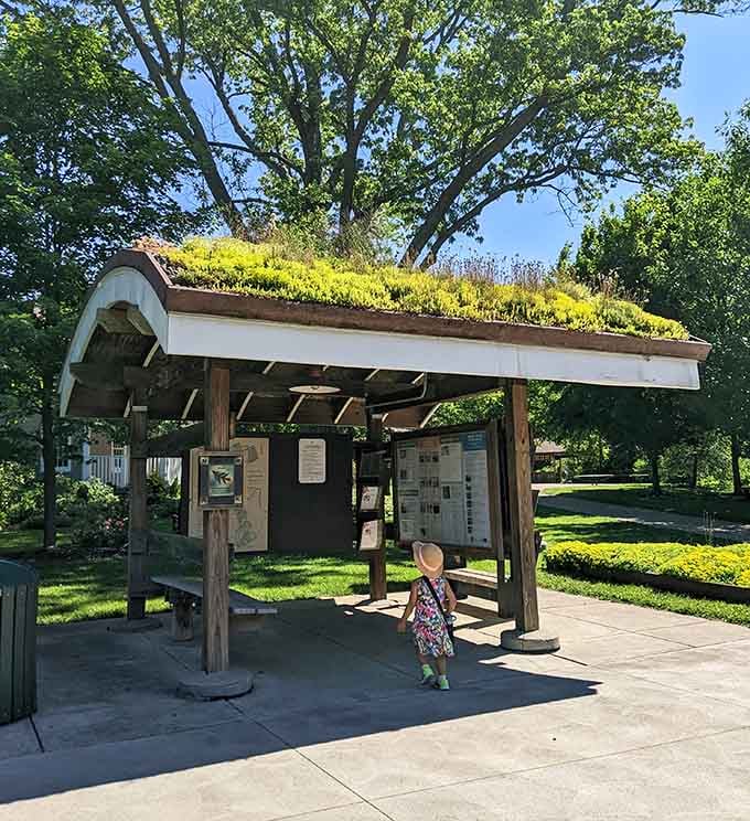 The information kiosk with a living roof, because even the signs here are committed to the whole nature thing.