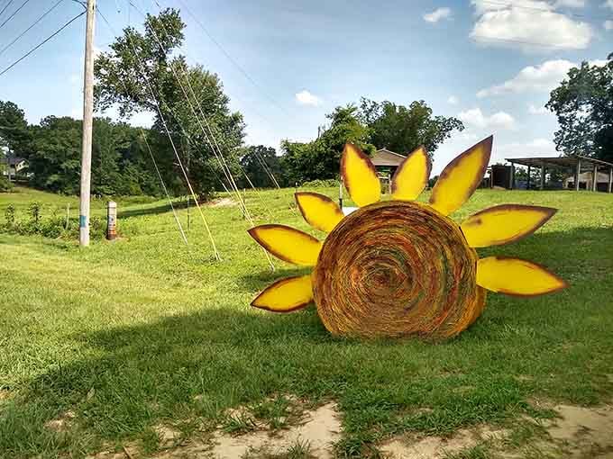Someone turned a hay bale into art, because why should sunflowers have all the fun around here?