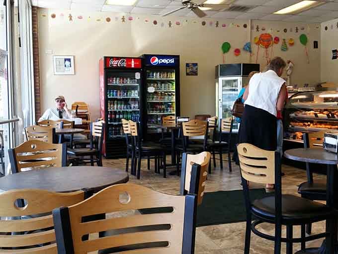 Wooden tables, a ceiling fan, and enough seating to enjoy your donuts without eating in the car like an animal.