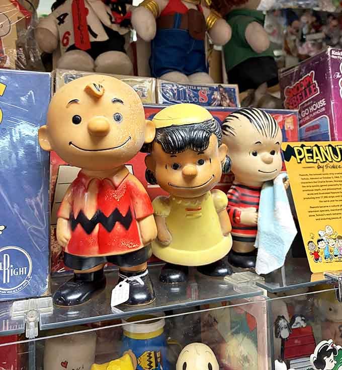 Charlie Brown and friends stand together, their vintage vinyl faces capturing decades of gentle comic strip wisdom.
