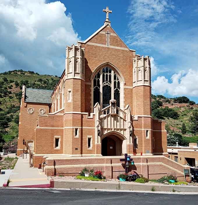St. Patrick's towers reach skyward with Gothic grace, a testament to faith and craftsmanship in the mountains.