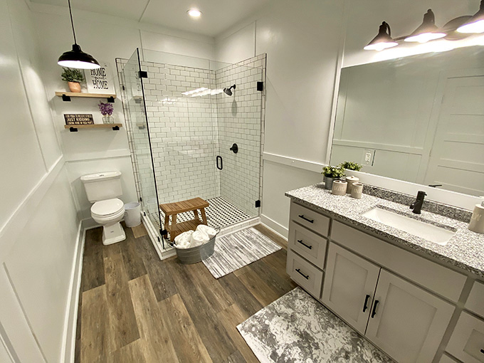 Subway tile and wood-look floors deliver spa-worthy relaxation, because even giraffe-watching requires proper facilities and good water pressure.