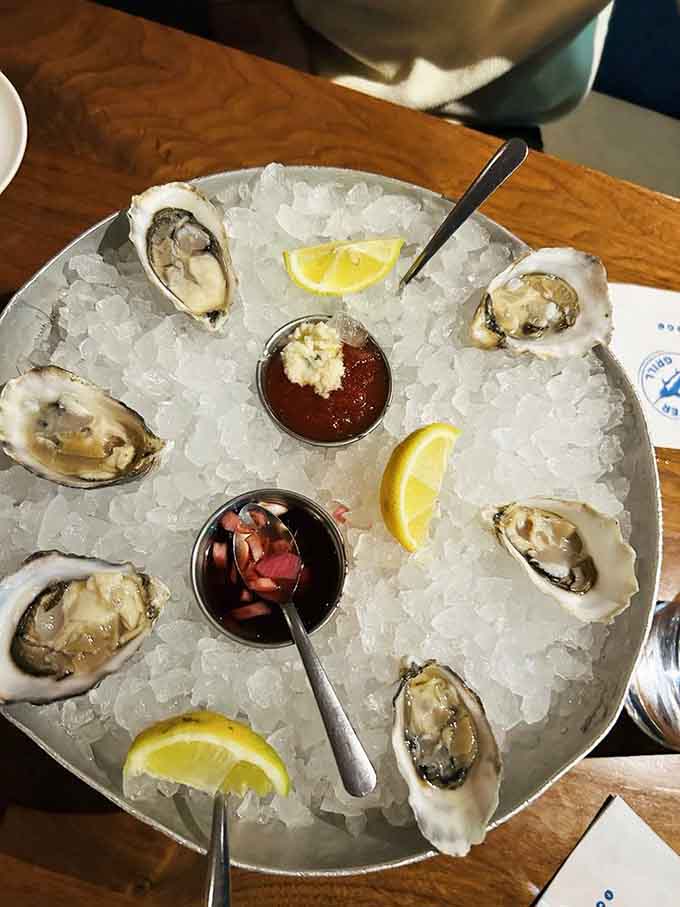 Fresh oysters on ice, because sometimes the simplest presentations are the most elegant and satisfying choices available.