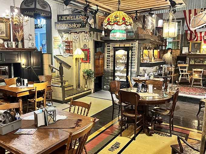 The cafe area proves you can dine surrounded by antiques without feeling like you're eating in a museum. Comfort meets curiosity.