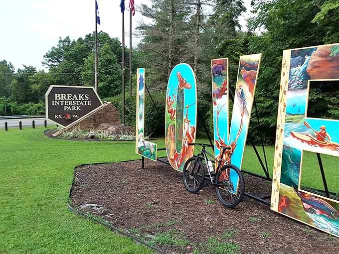 Colorful art installations proving that even remote mountain parks appreciate a little creative flair near the entrance these days.