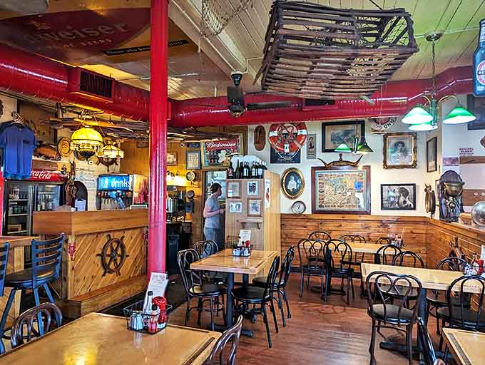 Ship wheels and vintage photographs create an atmosphere that's part museum, part delicious time machine to simpler days.
