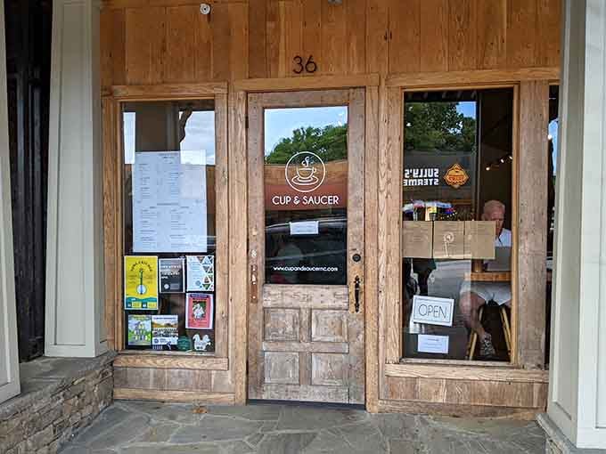 Cup & Saucer's rustic storefront promises the caffeine necessary to fuel another full day of serious antique shopping and browsing.