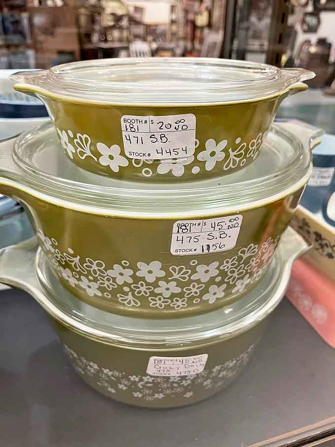 That avocado-green Pyrex with the daisy pattern is exactly what your mom used for her famous casserole every single Wednesday.