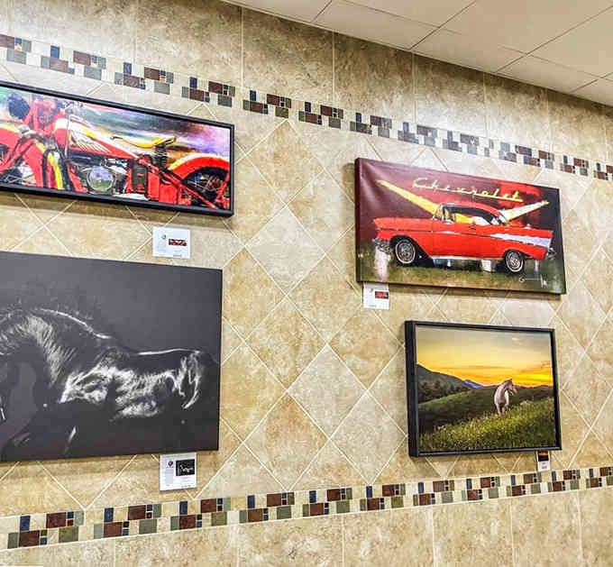 Gallery-worthy artwork decorates the walls because apparently even convenience store bathrooms deserve some cultural sophistication these days.
