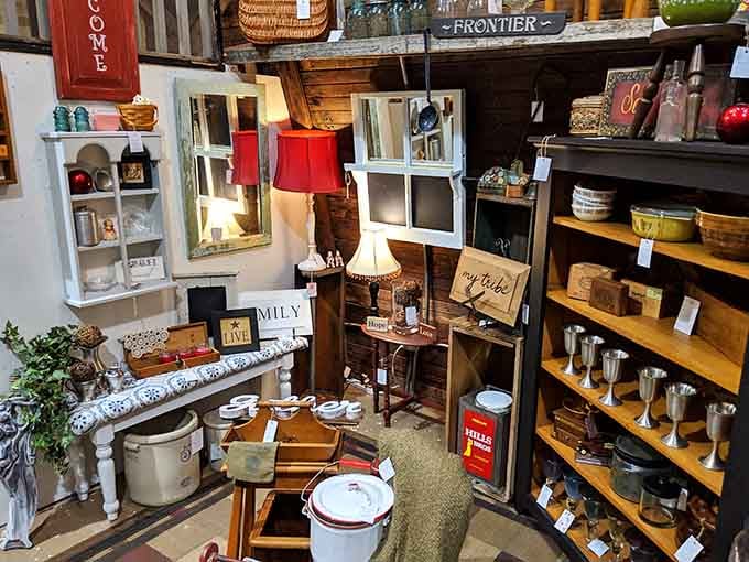 Every corner reveals another curated collection, from enamelware to wooden signs declaring family values proudly.