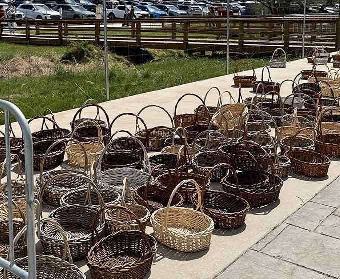 Rows of baskets wait patiently for visitors to fill them with fresh-cut flowers and agricultural treasures.