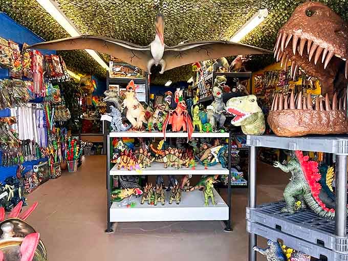 Dinosaurs overhead remind you that extinction is temporary when you're shopping at a place this committed to preserving everything.