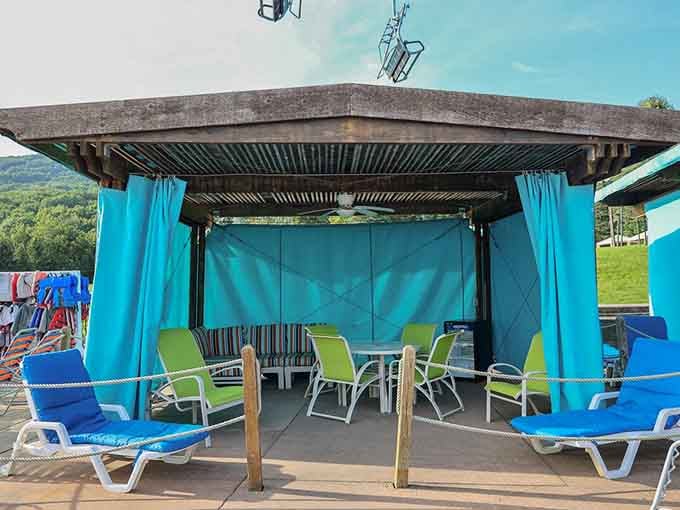 Private cabanas offering shade, seating, and a home base for your waterpark empire-building throughout the day.