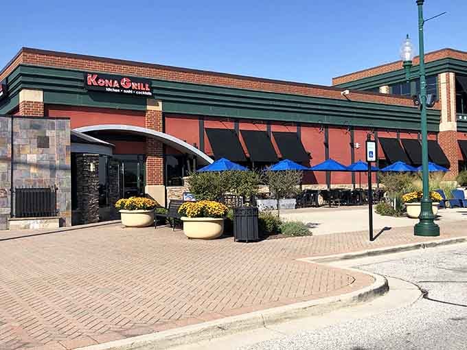 Kona Grill's patio seating offers the perfect spot for enjoying fusion flavors while watching Carmel's surprisingly vibrant street life unfold.